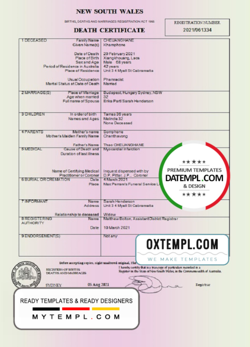 New Zealand birth certificate template in PSD format, fully editable
