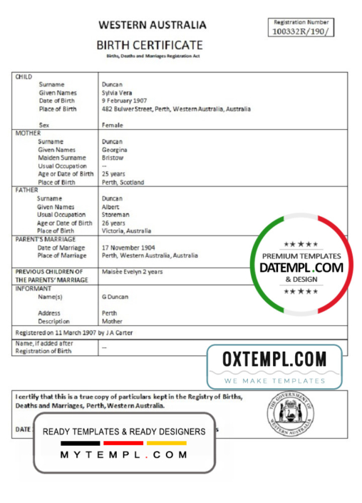 New Zealand birth certificate template in PSD format, fully editable