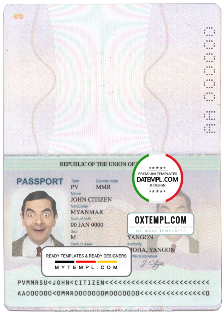 Myanmar passport template in PSD format, with all fonts