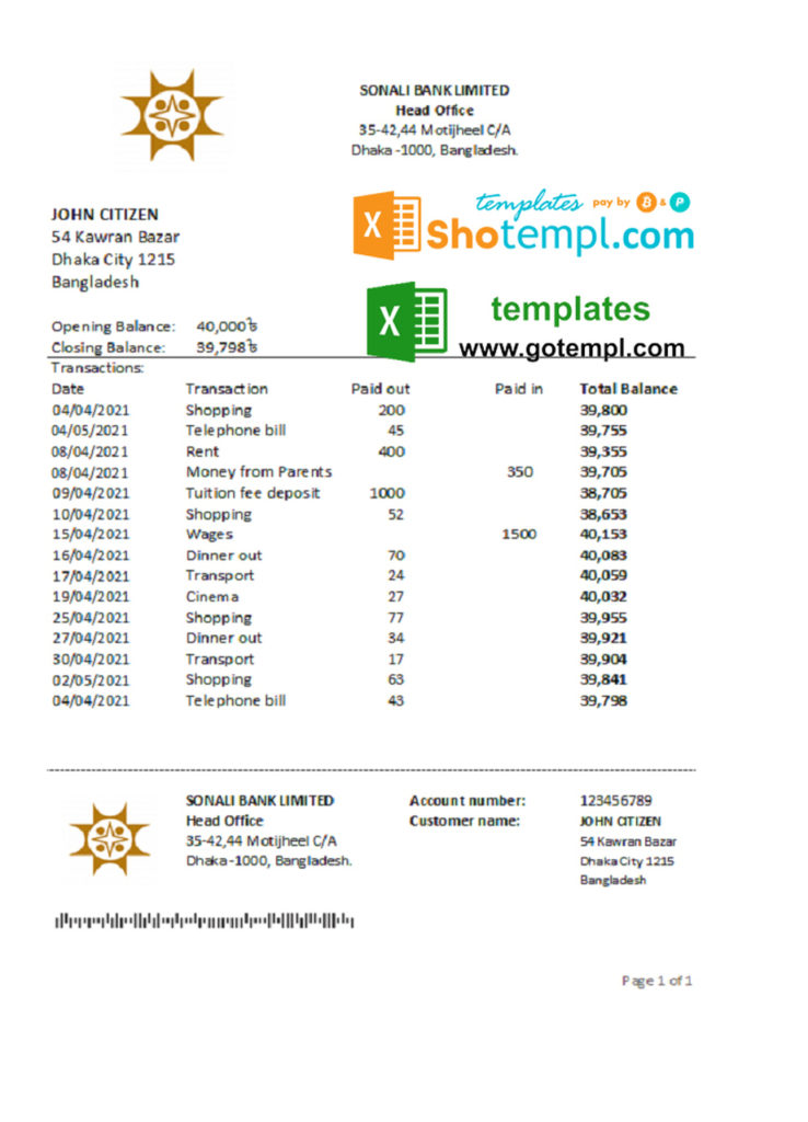 Bangladesh Sonali bank statement easy to fill template in Excel and PDF ...