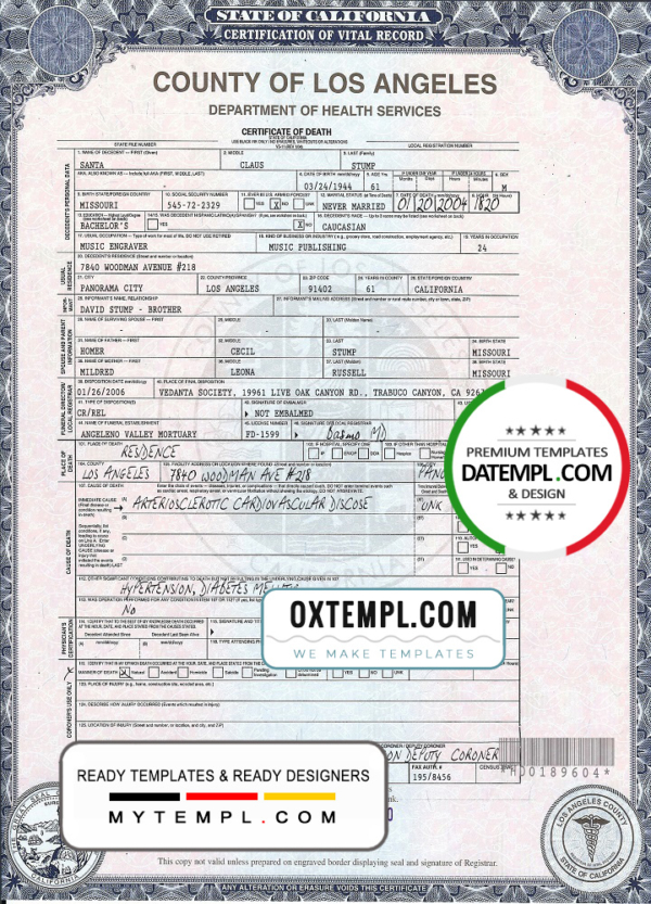 USA California Death Certificate Template In PSD Format Datempl