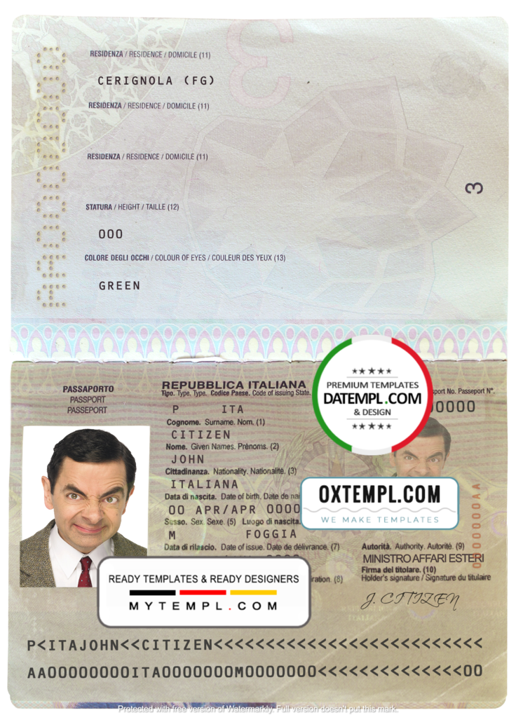Italy passport template in PSD format, fully editable, with all fonts
