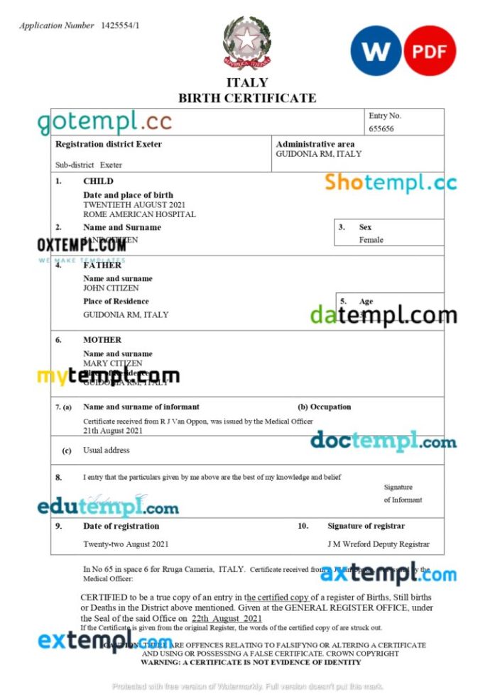 Italy birth certificate Word and PDF template, completely editable ...