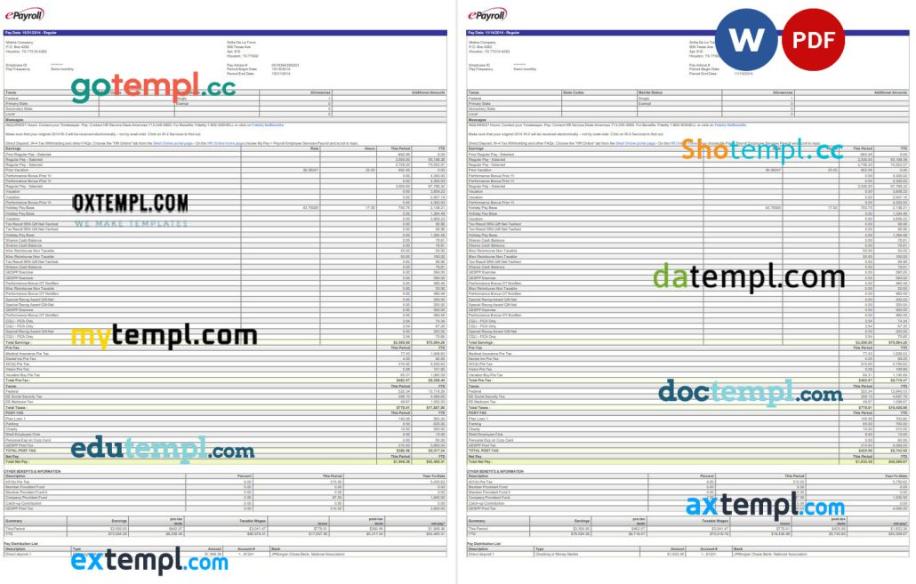 Epayroll Motiva company pay stub template in PDF and Word formats