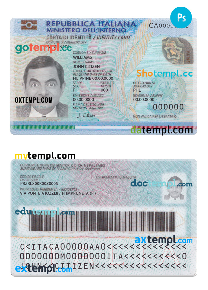 Italy ID card template in PSD format, 2016-present, version 2 – Datempl ...