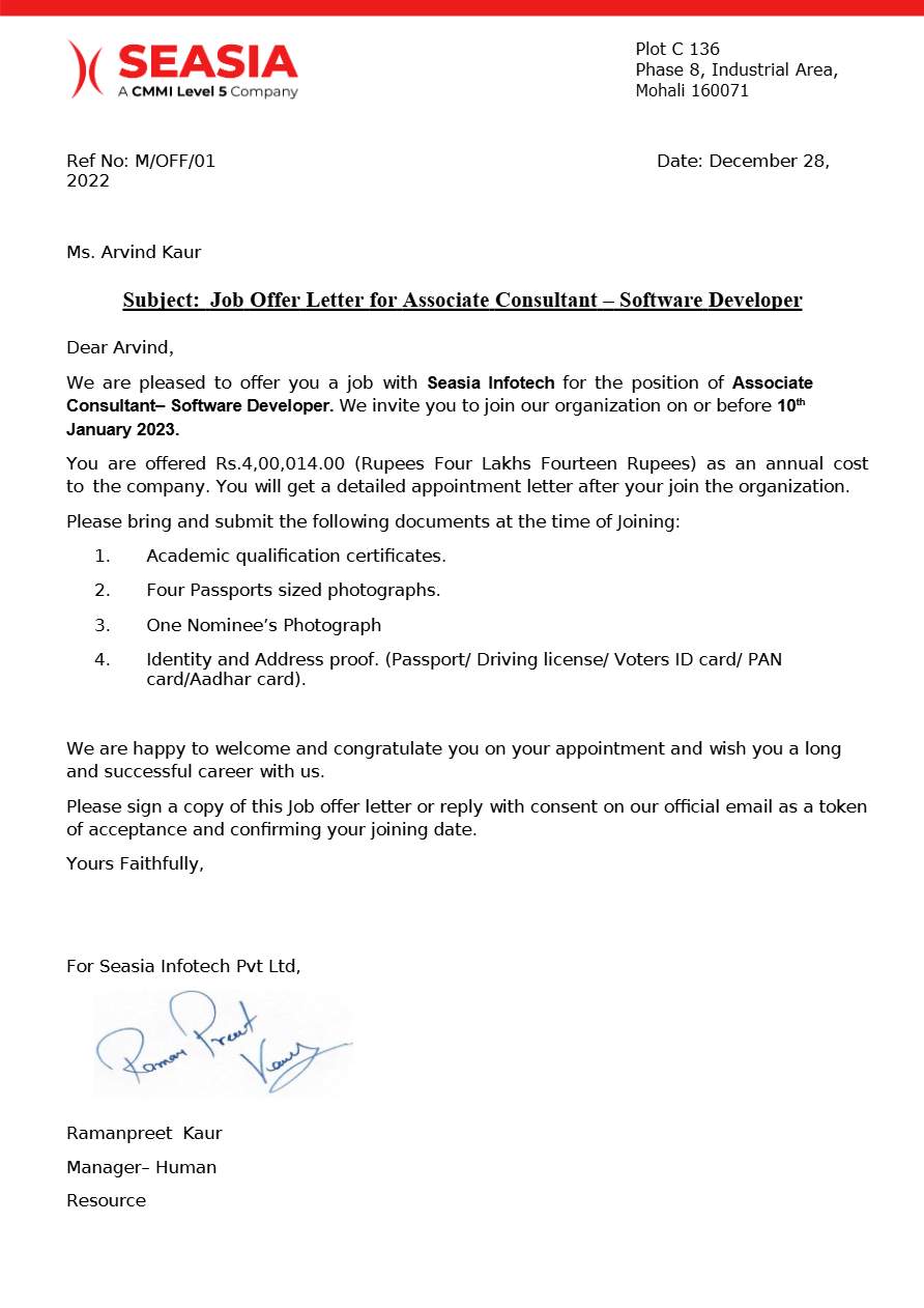 Seasia Infotech Associate Consultant– Software Developer offer letter ...